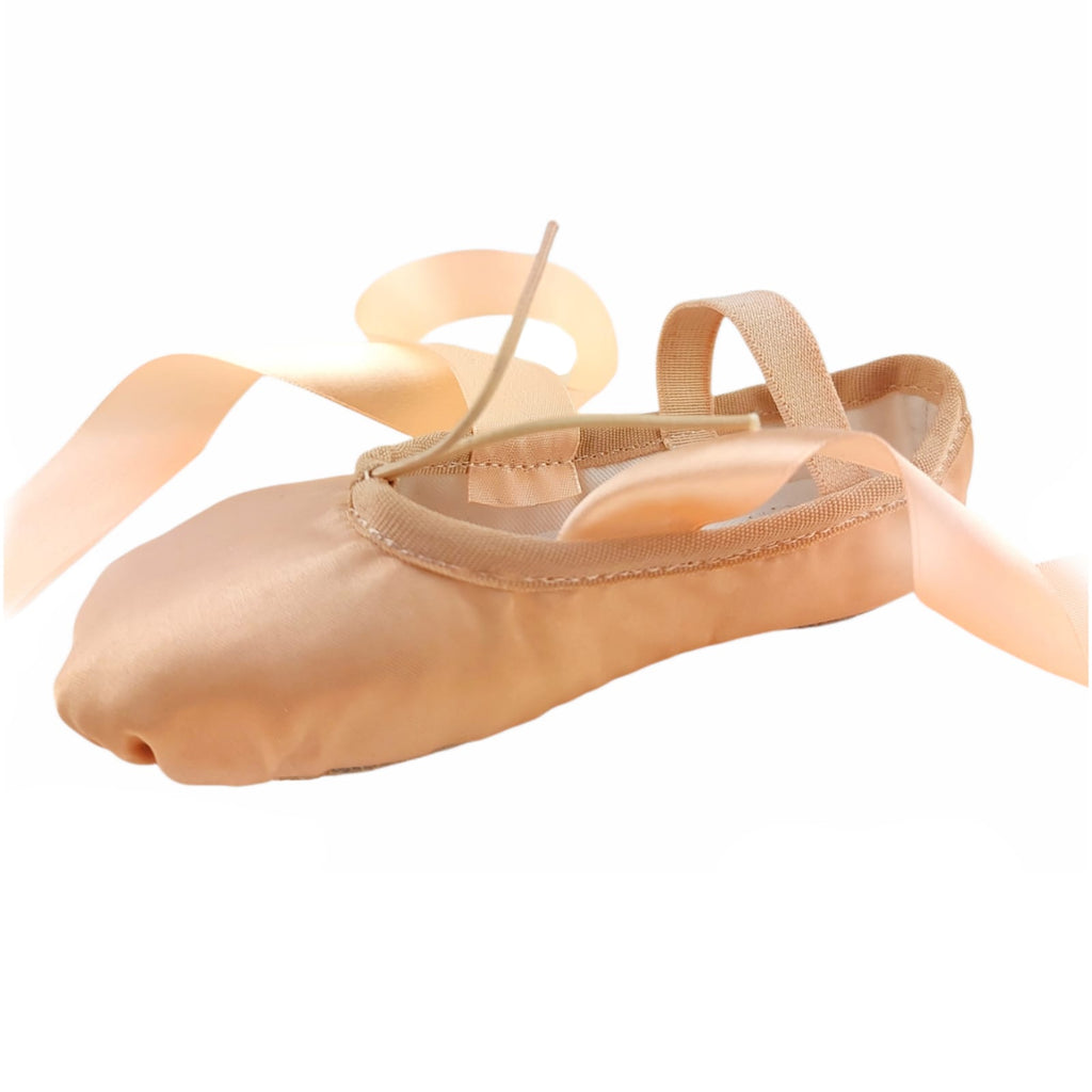 Ballet Shoes For Girls with Ribbons, Peach Silky Satin with Leather Sp ...